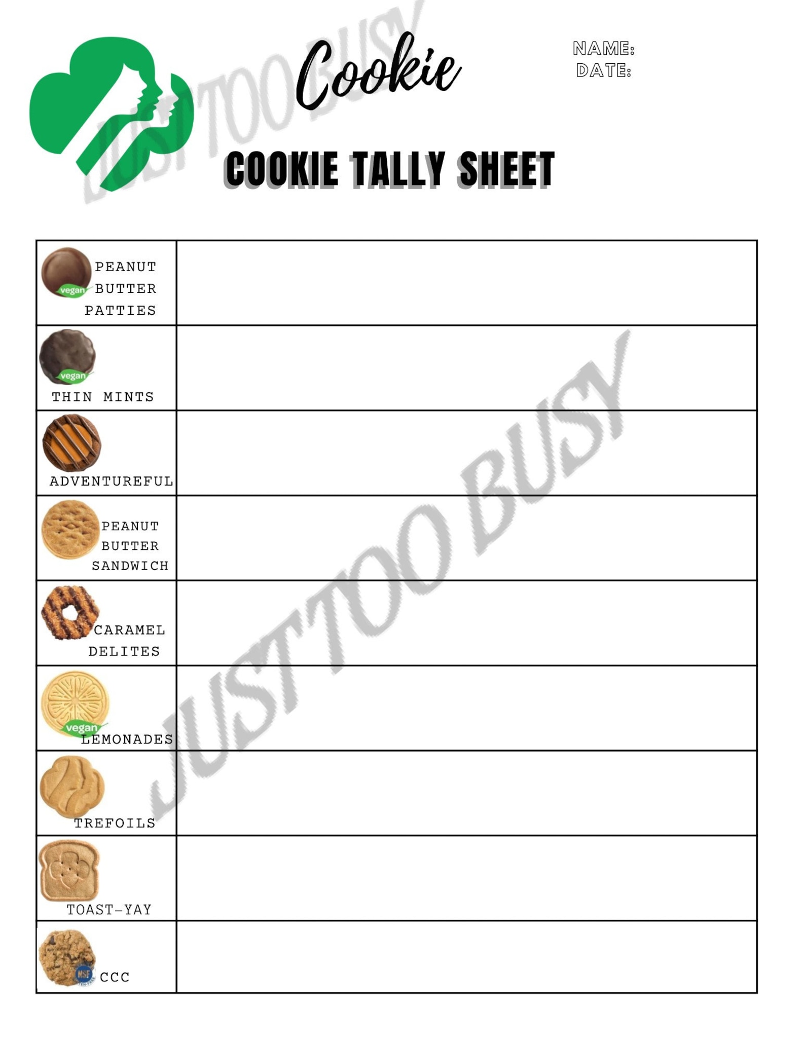 Girl Scout Cookie Tally Sheet Two PDF & PNG Files - Etsy