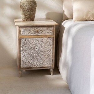 Indian Vintage Carved Whitewash Bedside Table Night Stand for Bedroom ...