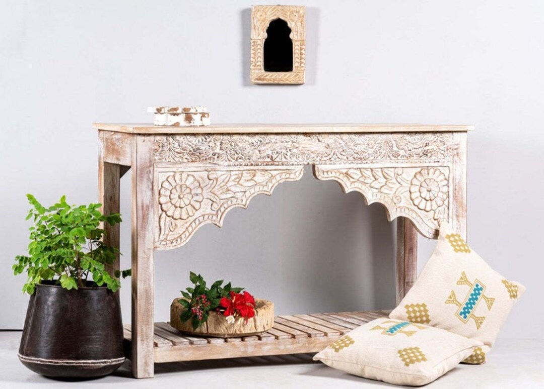 Indian Style Hand Carved Solid Wood Tejas Console Table Vintage Rustic ...
