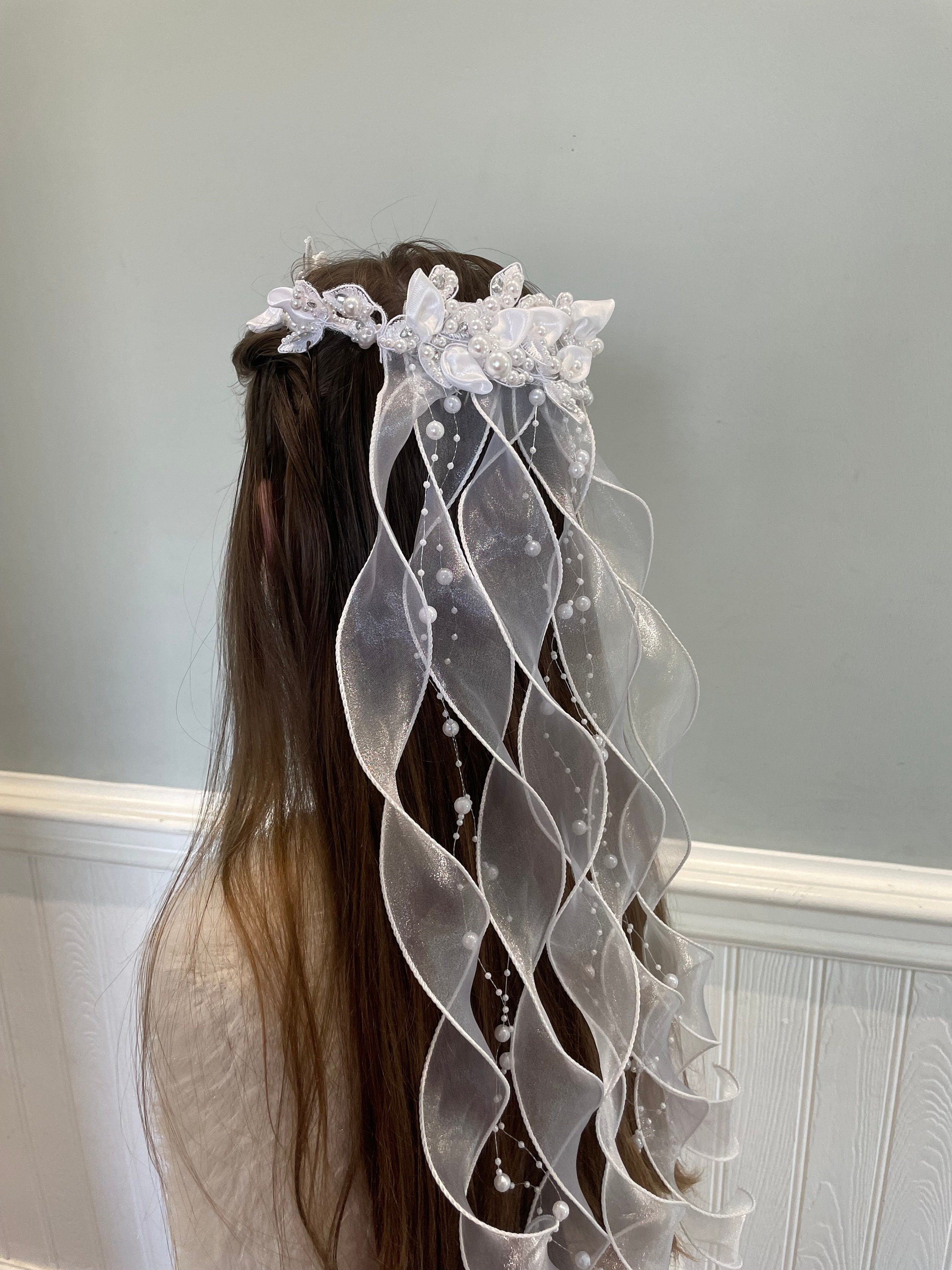 First Holy Communion Trailing Veil Hair Accessory Hairpiece With Wreath ...