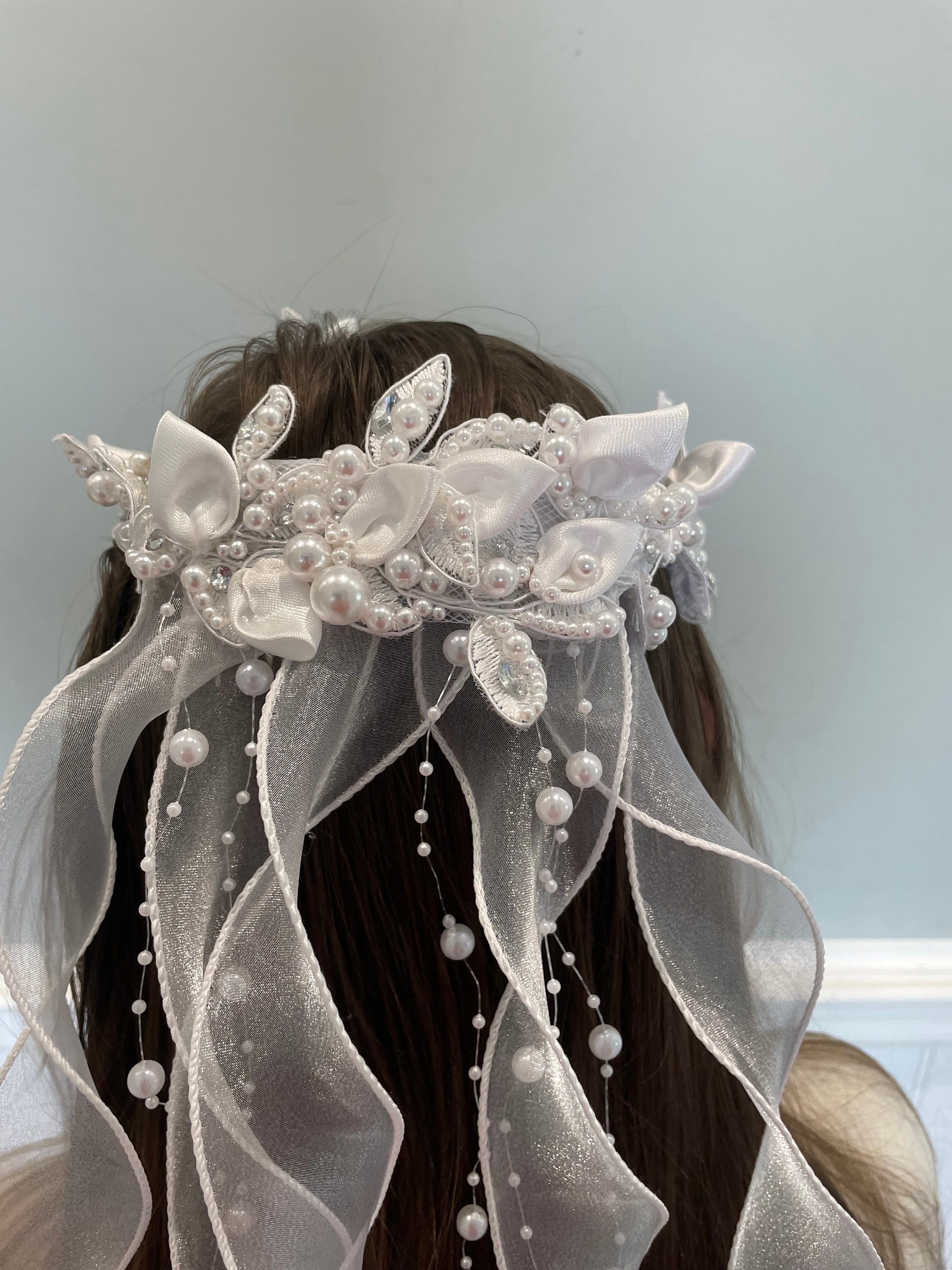 First Holy Communion Trailing Veil Hair Accessory Hairpiece With Wreath ...