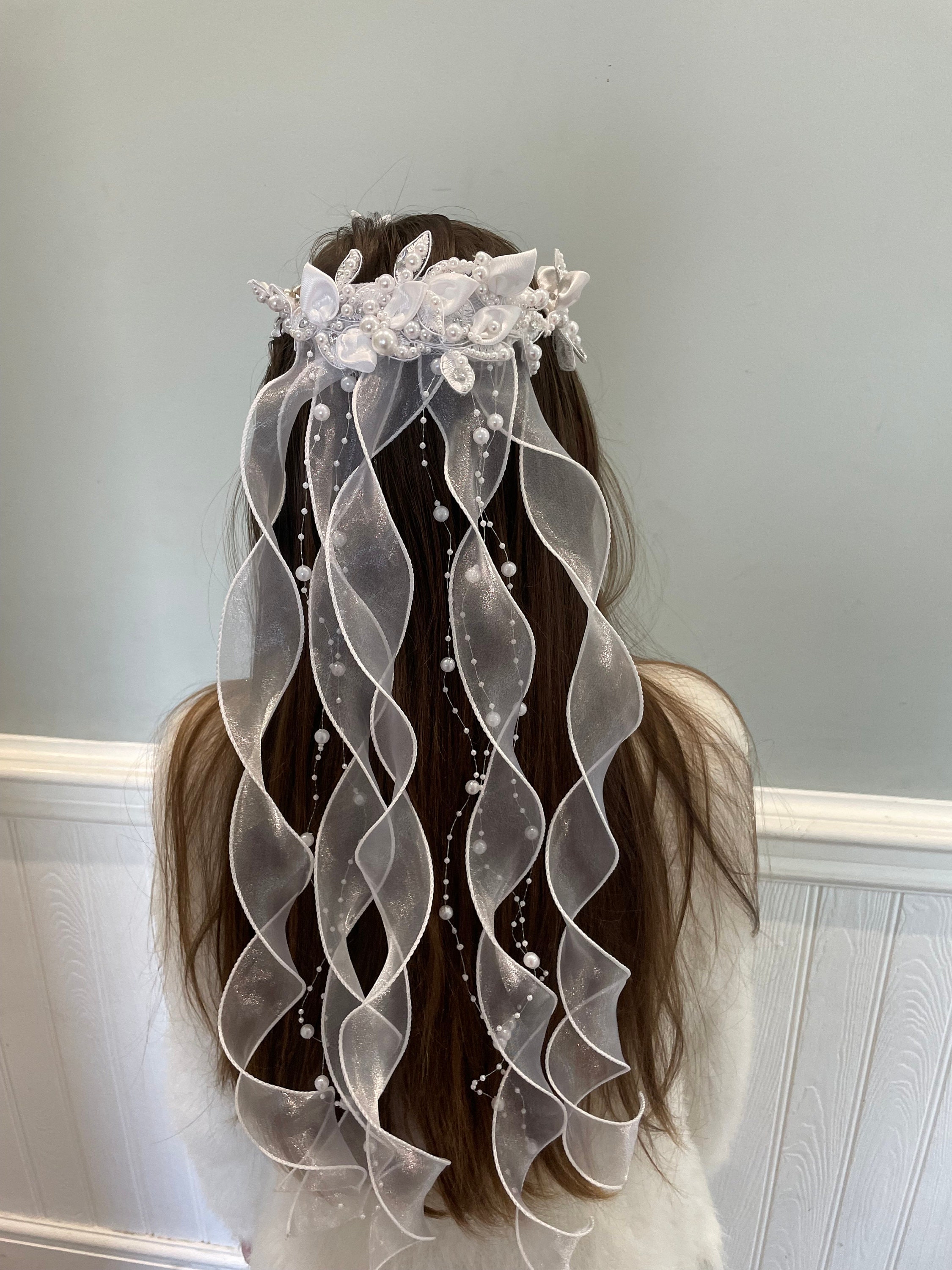 First Holy Communion Trailing Veil Hair Accessory Hairpiece With Wreath ...