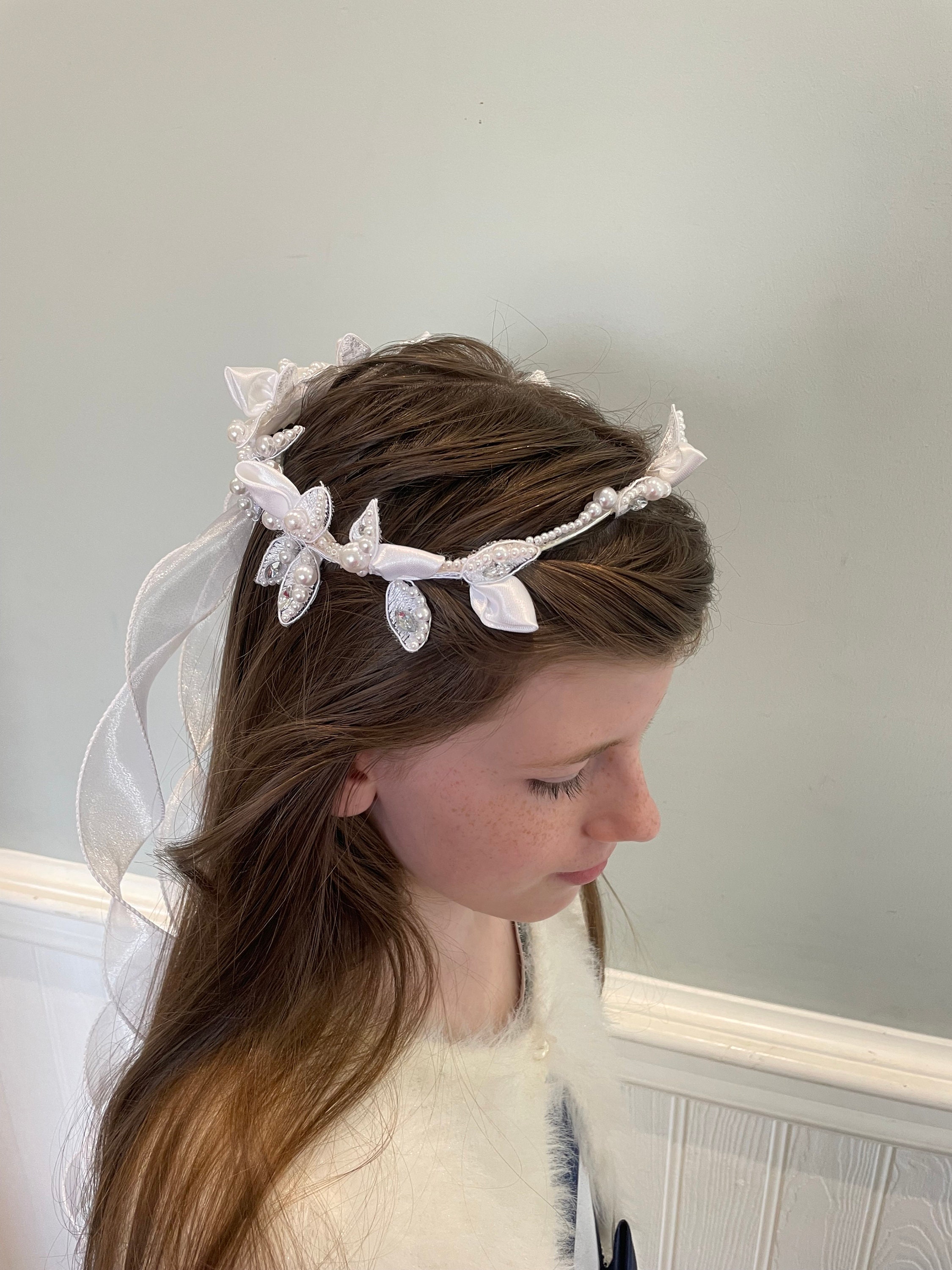 First Holy Communion Trailing Veil Hair Accessory Hairpiece With Wreath ...