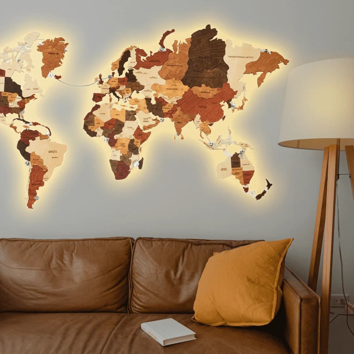3D LED Lit Wooden WORLD MAP Memory Saving Wall Mounting Puzzle Map ...