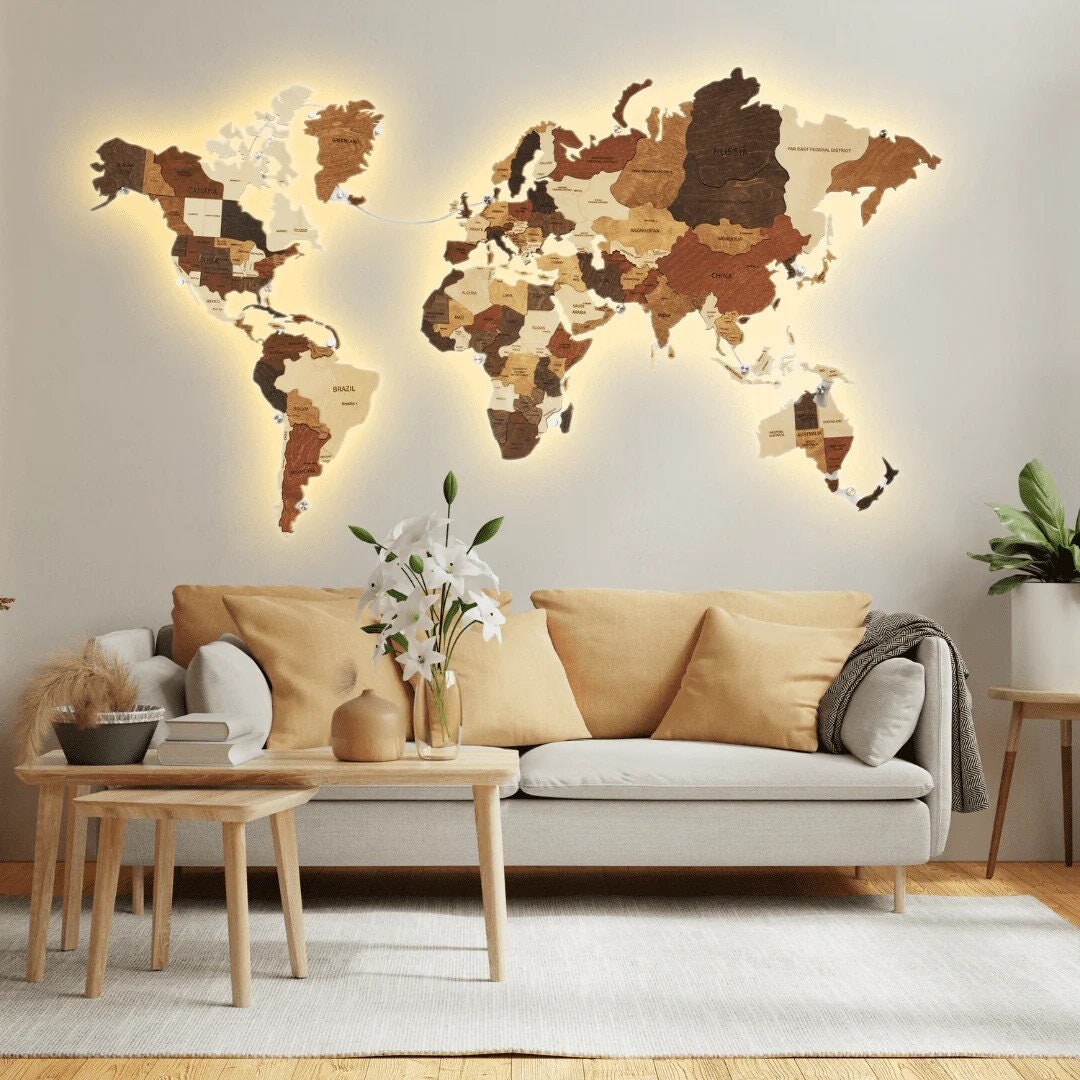 3D LED Lit Wooden WORLD MAP Memory Saving Wall Mounting Puzzle Map ...
