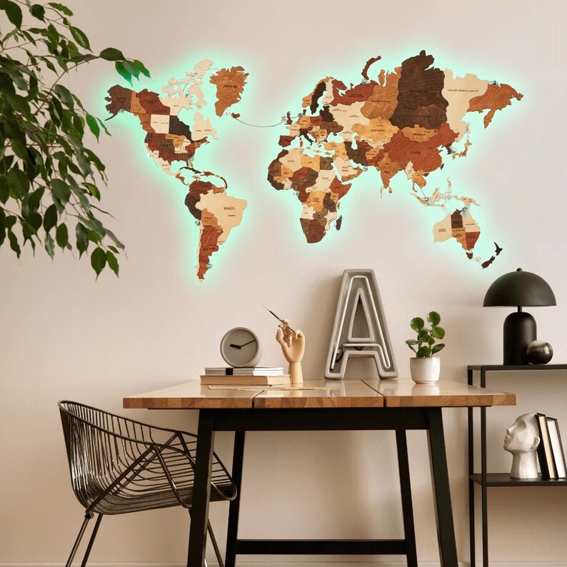 3D LED Lit Wooden WORLD MAP Memory Saving Wall Mounting Puzzle Map ...