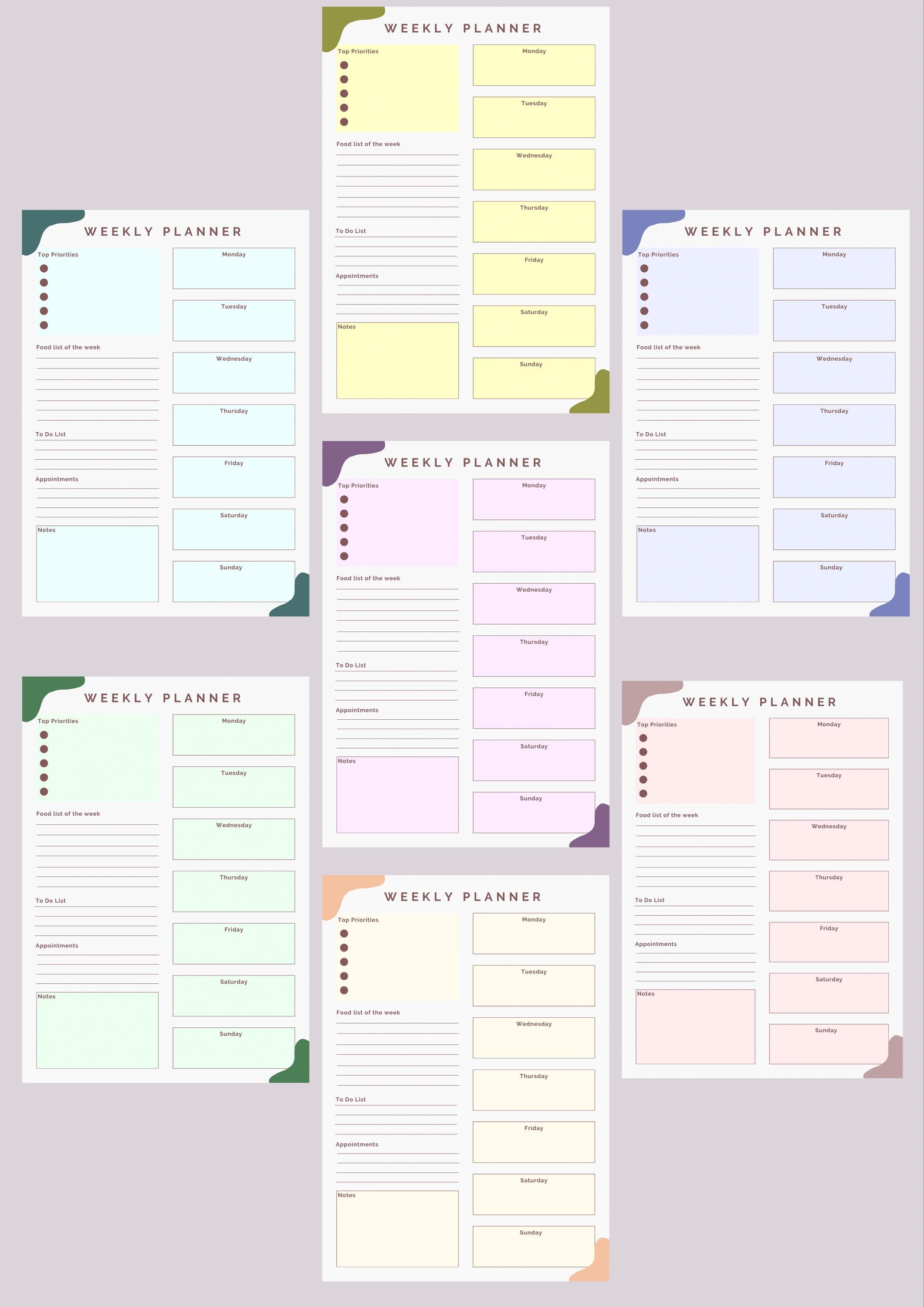 Weekly Planner Printable | 7 Colors Digital Planner | Minimalist ...