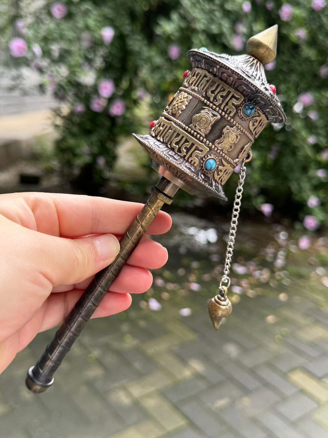 Tibetan Hand Held Prayer Wheel With Wood Handle,buddhist Scriptures Om ...