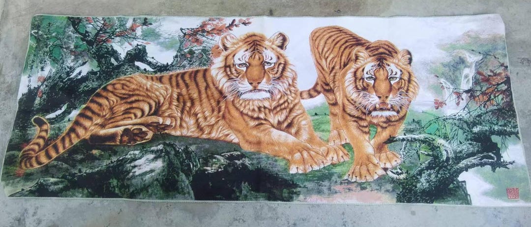 61"x22" Big Tiger Climb Mountains Drawing Hand Painted Silk Wall ...