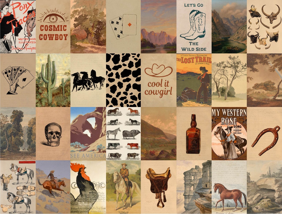 Vintage Western Aesthetic Collage Kit, Retro Cowboy Printable Posters ...
