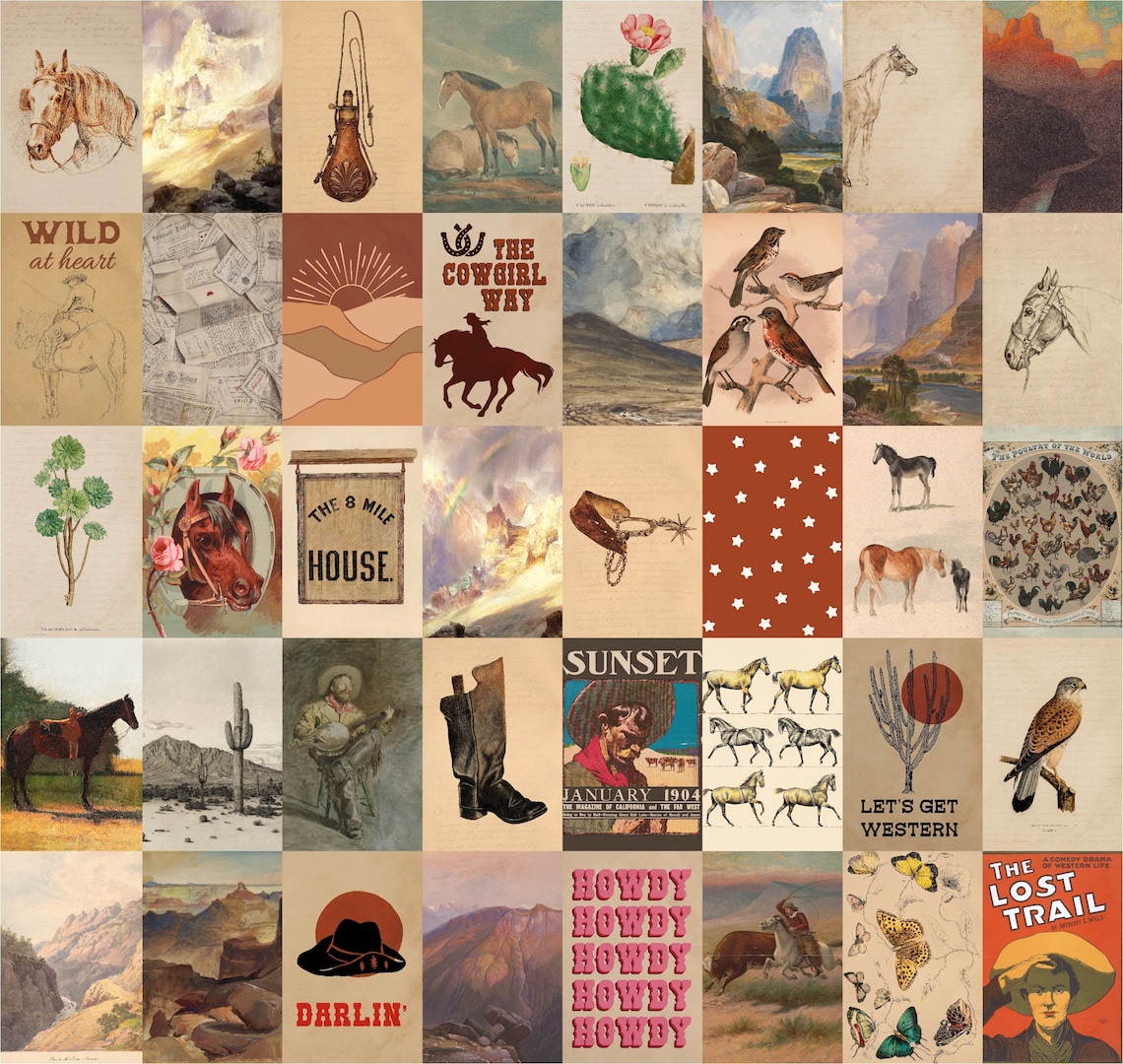 Vintage Western Aesthetic Collage Kit, Retro Cowboy Printable Posters ...