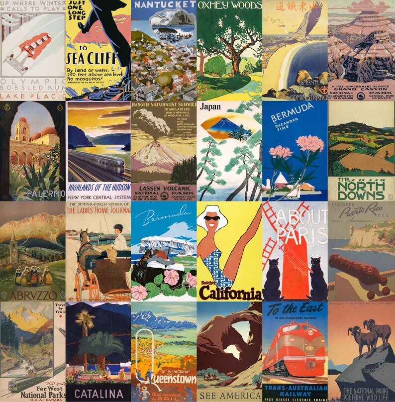 Retro Travel Poster Collage Kit, Vintage Tourism Art (digital Download ...