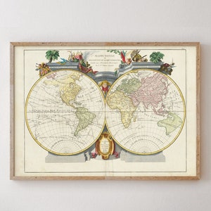 Antique World Map Double Hemisphere Globe Poster Vintage Wall ...