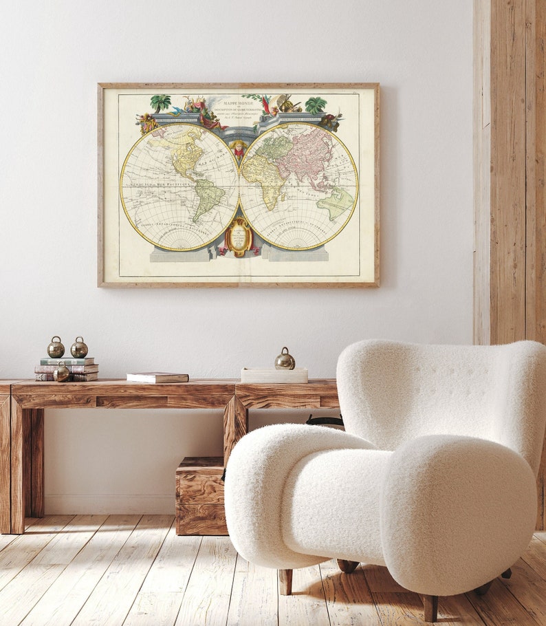 Antique World Map Double Hemisphere Globe Poster Vintage Wall ...