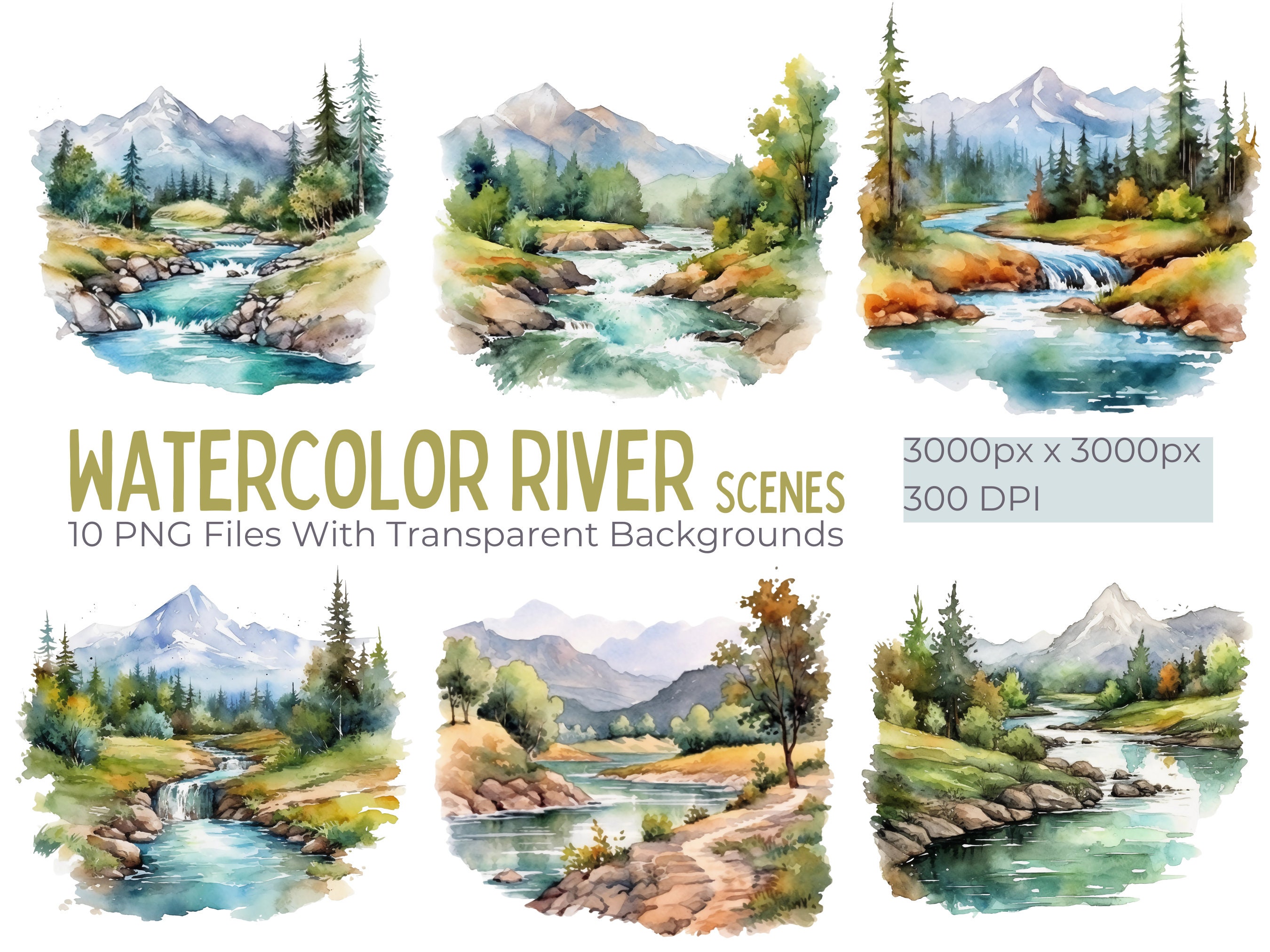 Watercolor Mountain River Landscape Clipart, Spring Landscape Bundle ...