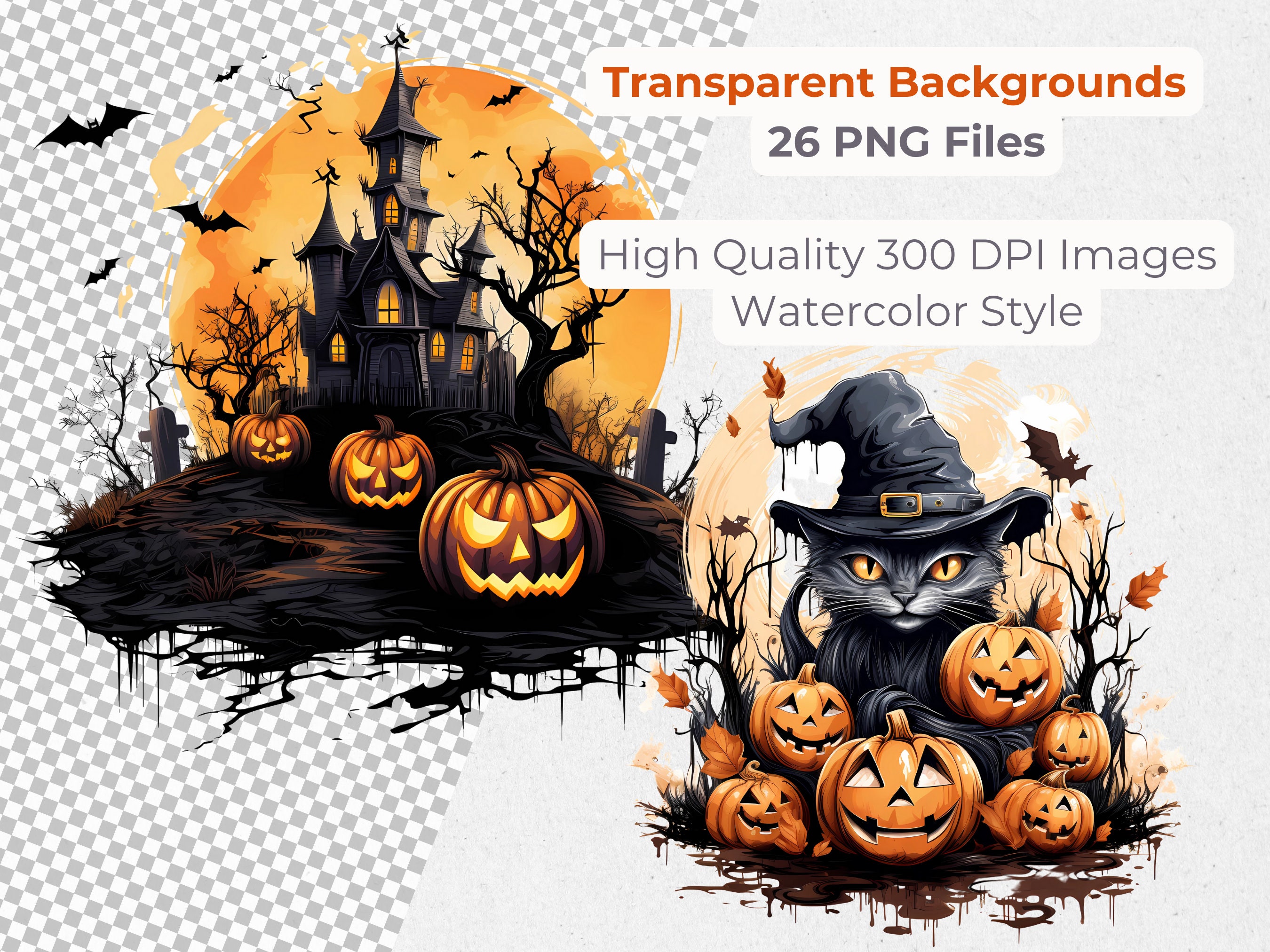 Watercolor Halloween Clipart PNG Halloween Graphics Clipart - Etsy