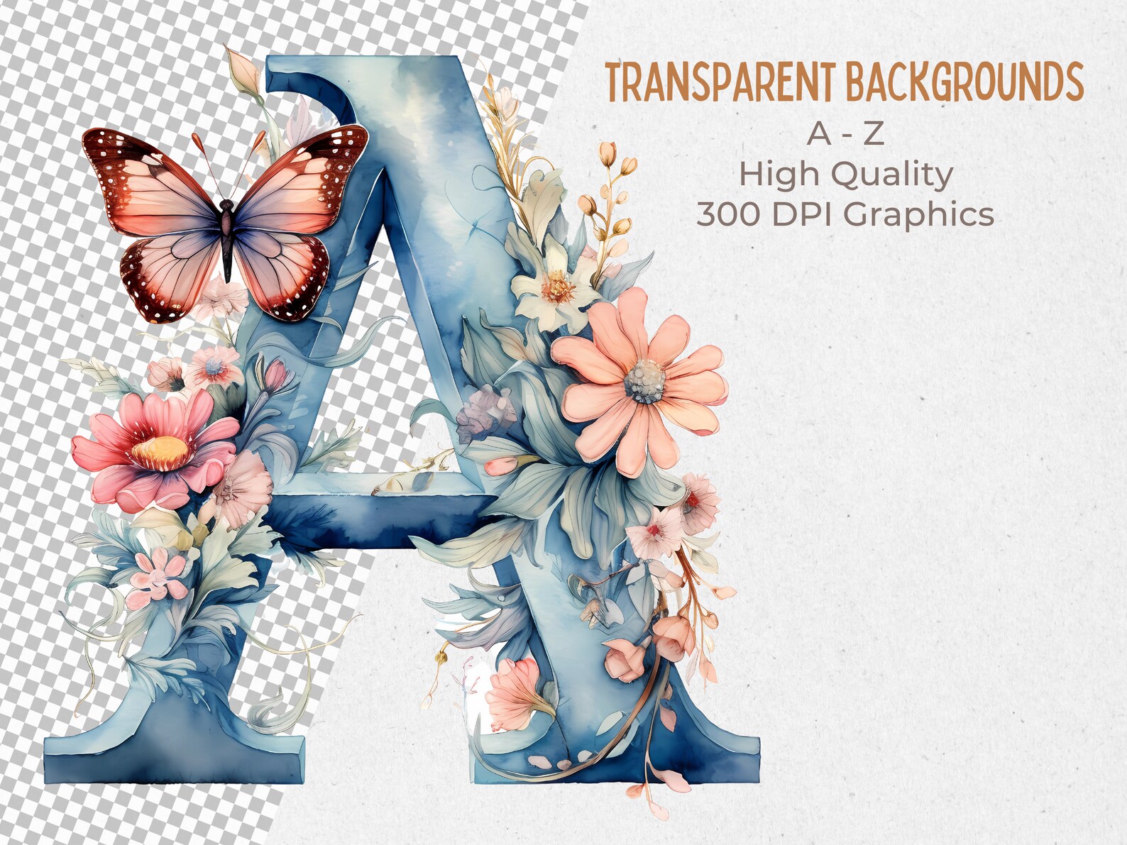 Alphabet Watercolor PNG, 26 Floral Letters Clipart, Floral Clip Art ...