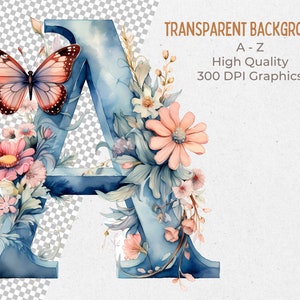 Alphabet Watercolor PNG, 26 Floral Letters Clipart, Floral Clip Art ...