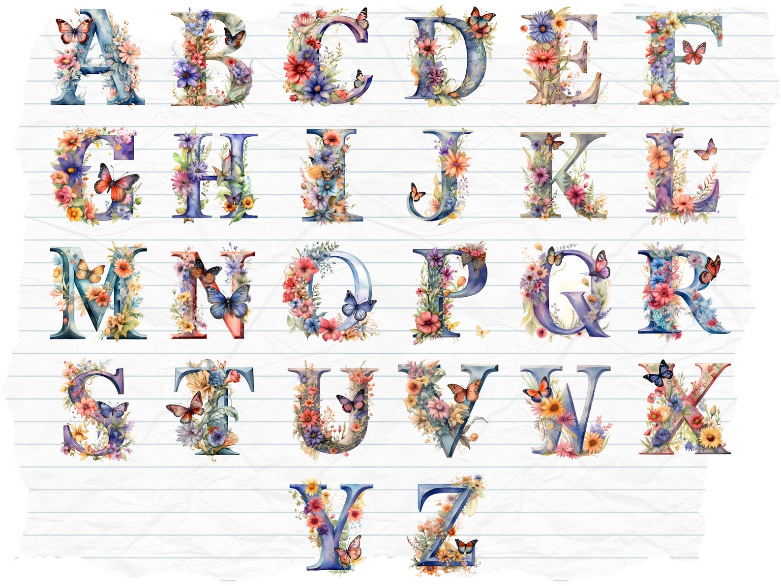 Alphabet Watercolor PNG, 26 Floral Letters Clipart, Floral Clip Art ...