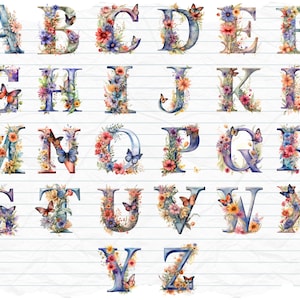 Alphabet Watercolor PNG, 26 Floral Letters Clipart, Floral Clip Art ...