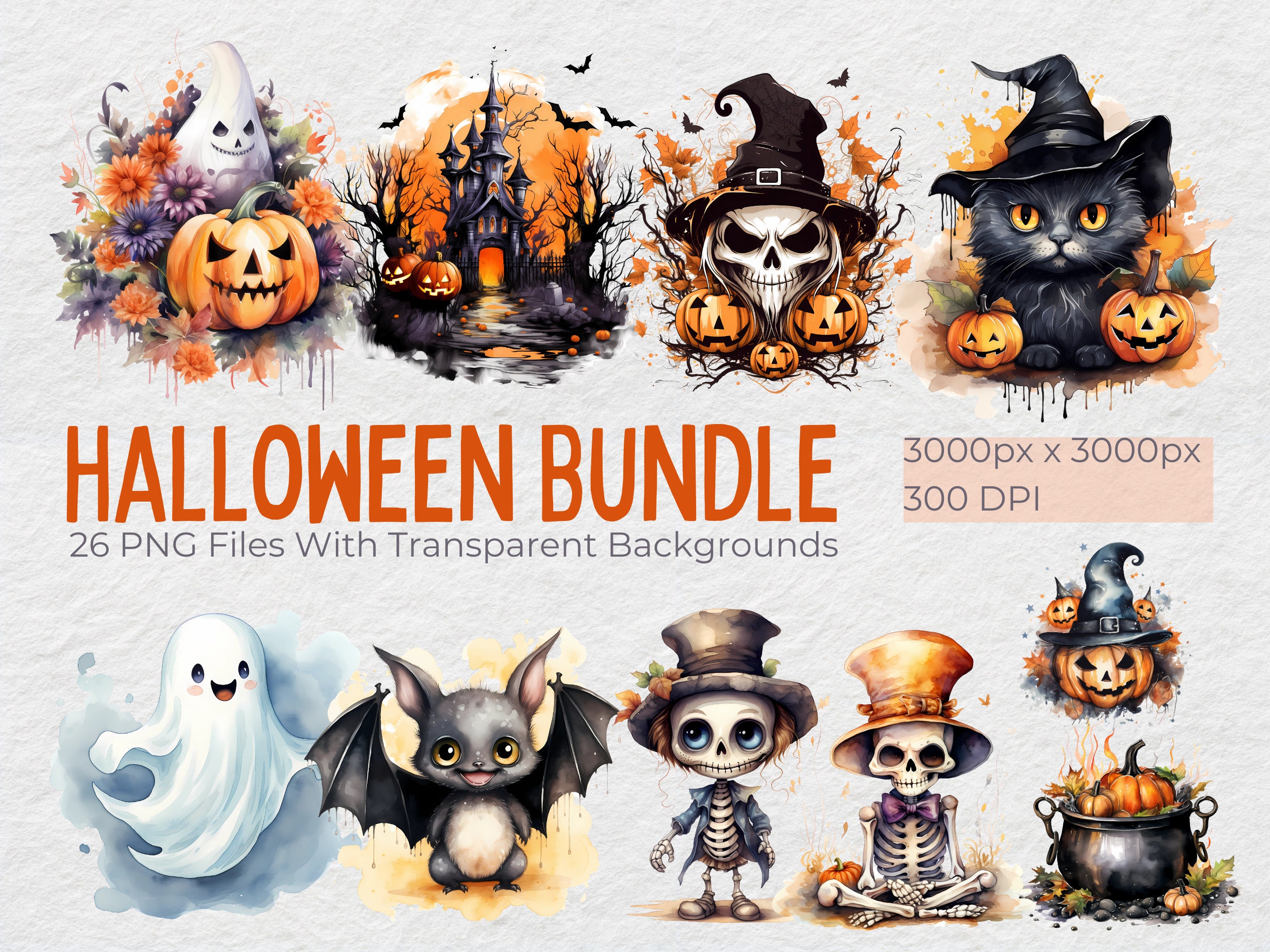 Watercolor Halloween Clipart PNG Halloween Graphics Clipart - Etsy