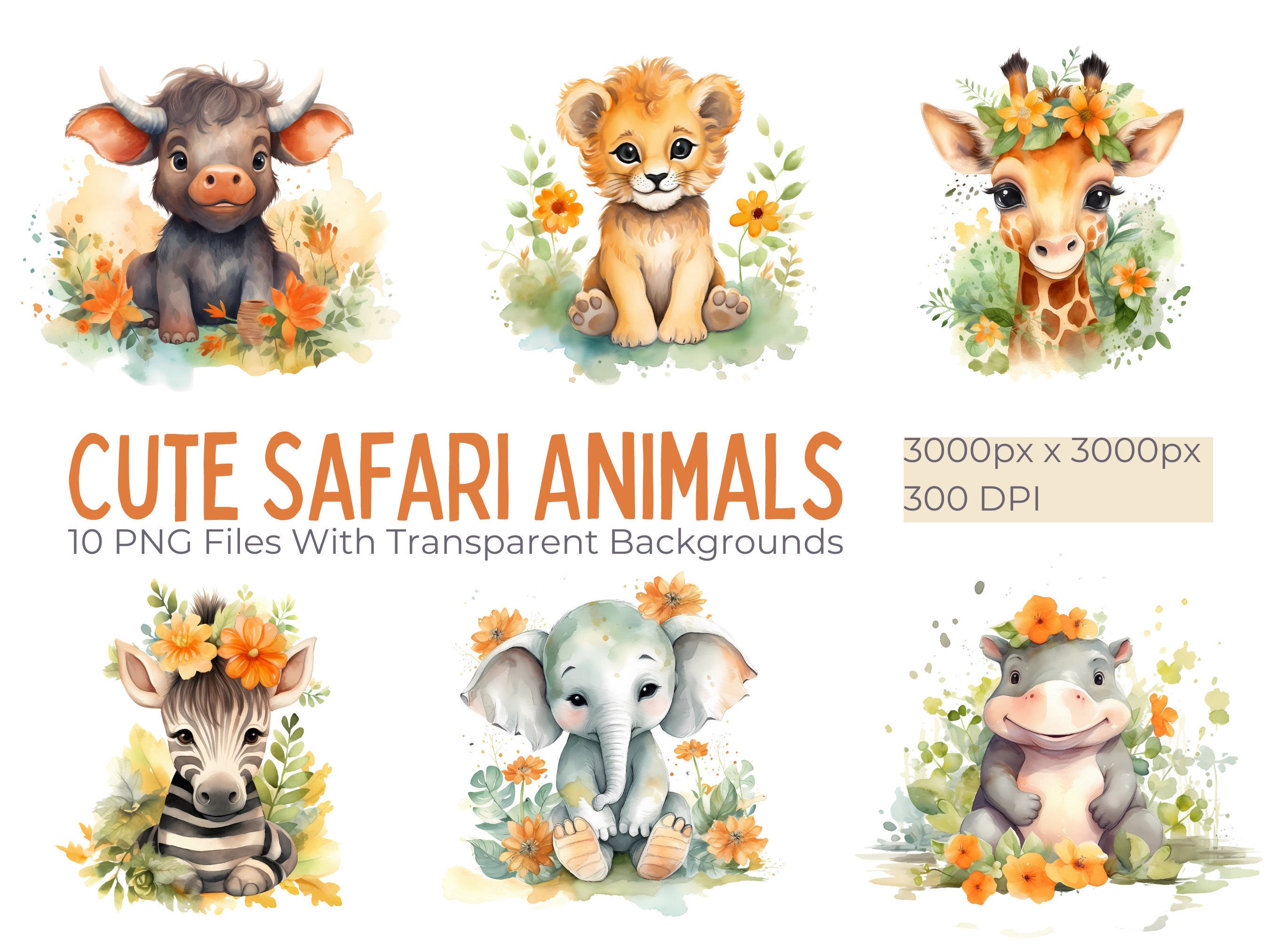 10 Cute Safari Animals Watercolor Clipart Collection - Etsy