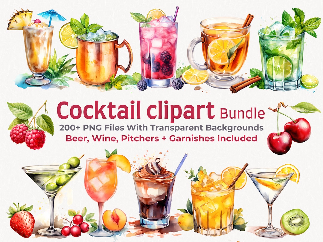 200+ Cocktail Graphics, Watercolor Cocktail Clipart Pack, Alcohol ...