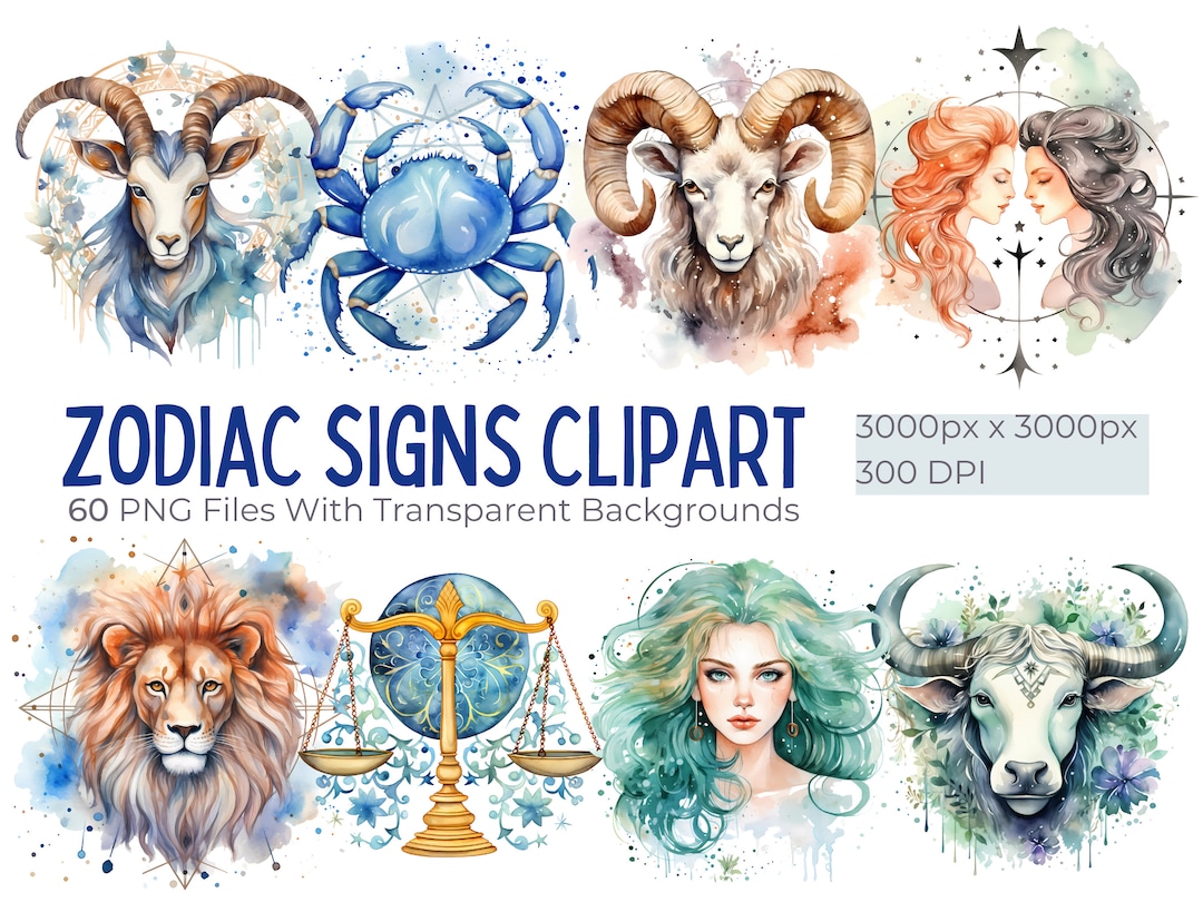 60 Zodiac Signs Clipart Horoscope PNG Watercolor Clip Art Bundle ...