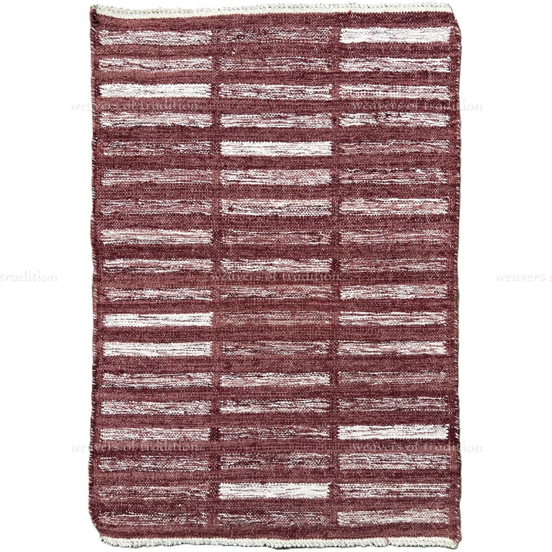 Hand Knotted Wool Rug 3x5ft | Burgundy Brown Striped Carpet for Living ...