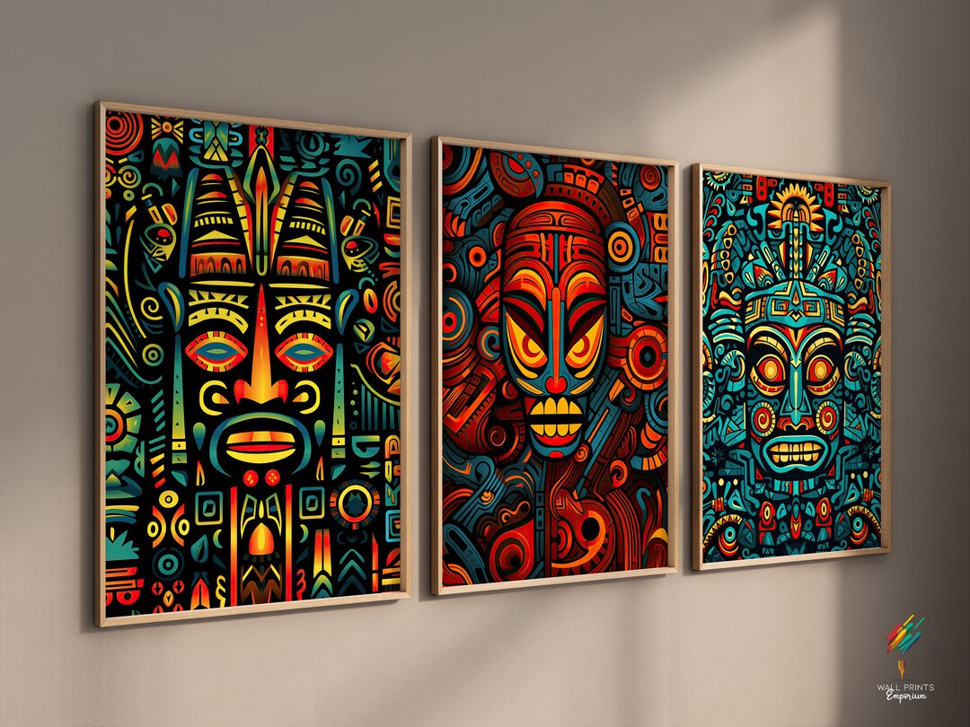 Print at Home, Set of 3 Tiki Mask Print, Tiki Wall Art, Monstera Wall ...