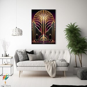 Gold Purple Skyline Wall Art, Art Deco Poster, Luxury Jewel Tones Decor ...