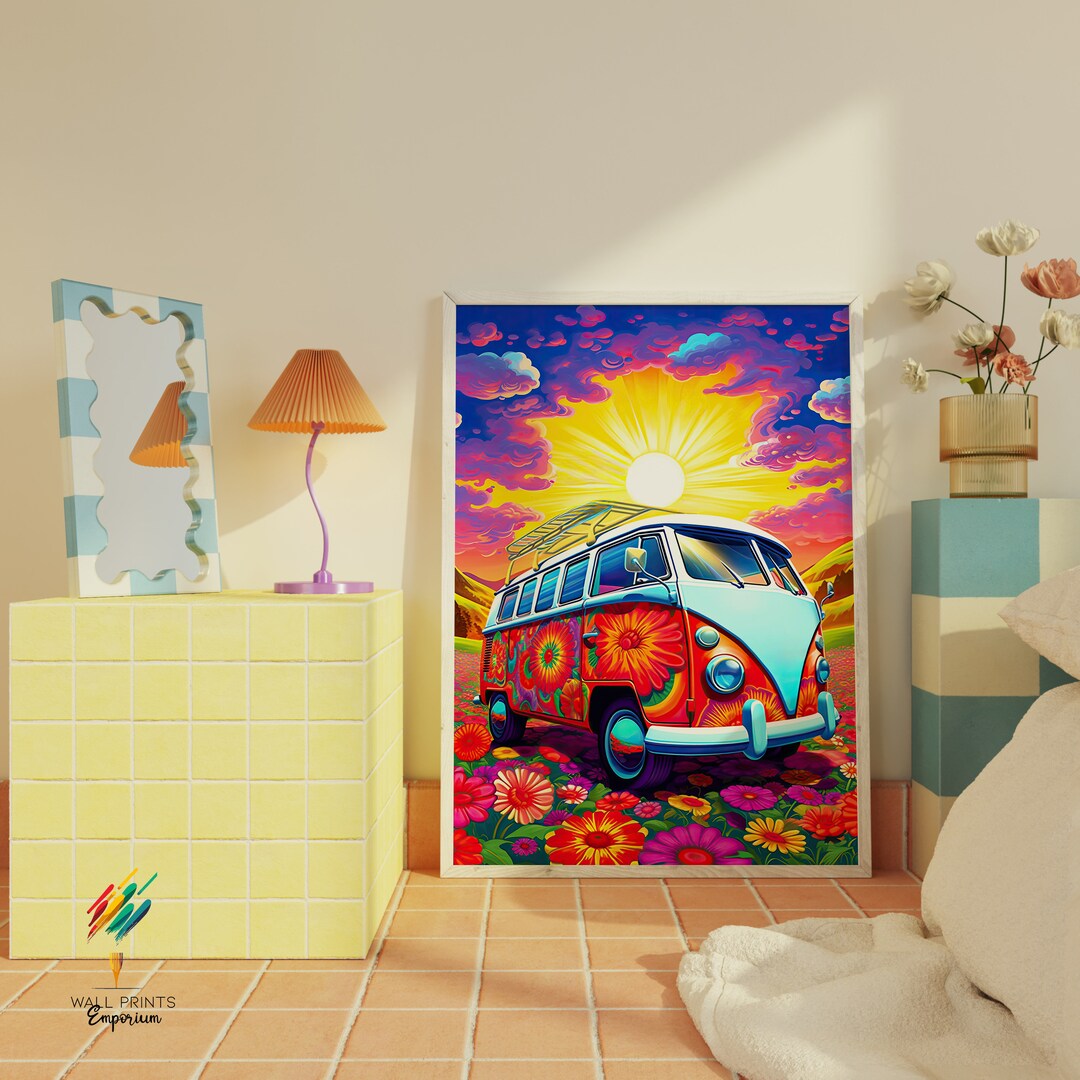 Retro Van Print, 70s Style Poster, Trippy Room Decor, Retro Floral Art ...