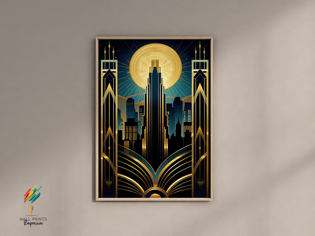 Framed Art Deco Print Black White Pine or Dark Wood Blue - Etsy