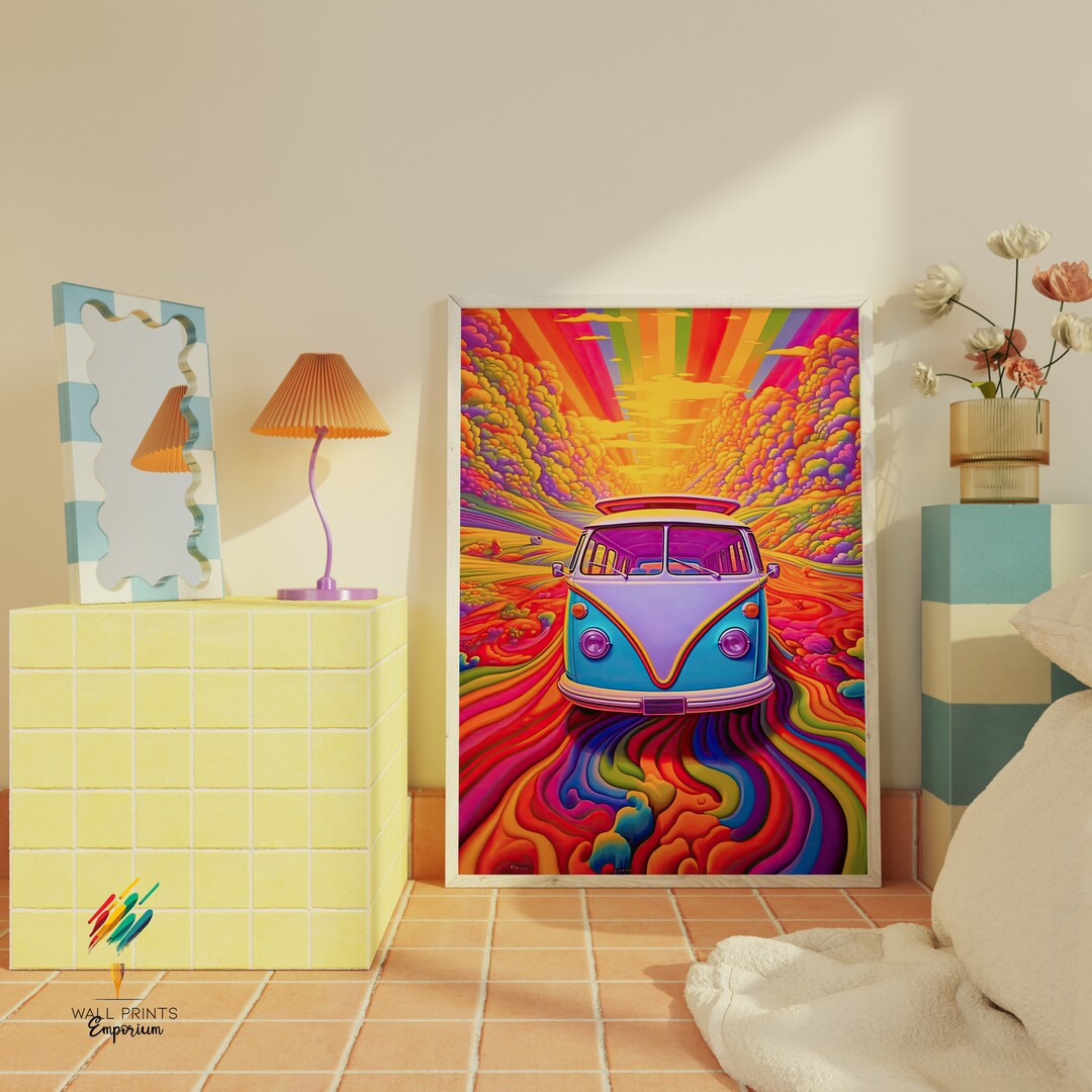 Psychedelic Wall Art, 70s Rainbow Poster, Retro Van Print, 70s Wall Art ...