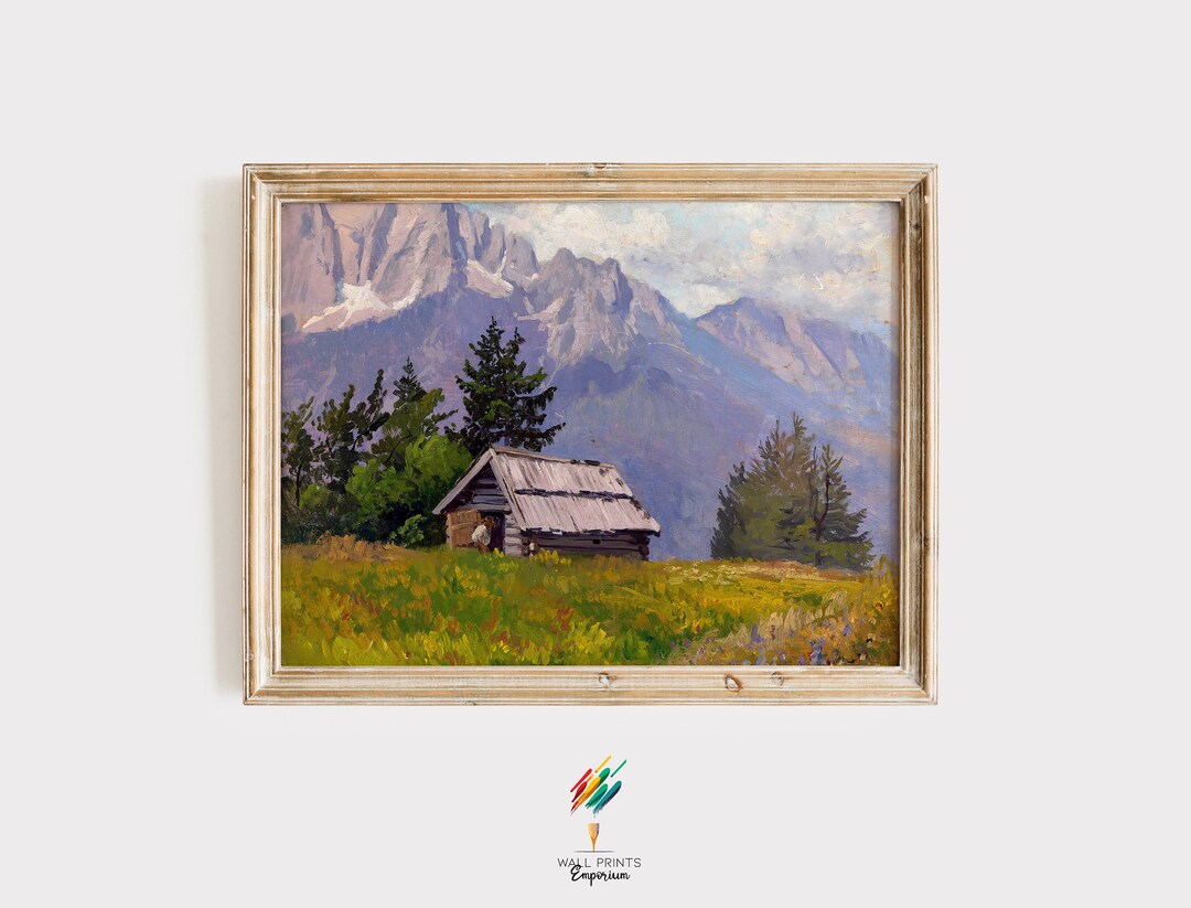 Rustic Mountain Lodge Art Print, Mountainscape Painting, Mountain Cabin ...