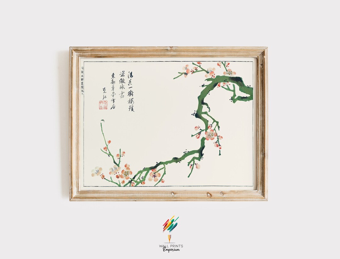 Oriental Cherry Blossom Wall Art, Botanical Minimalist Watercolor ...