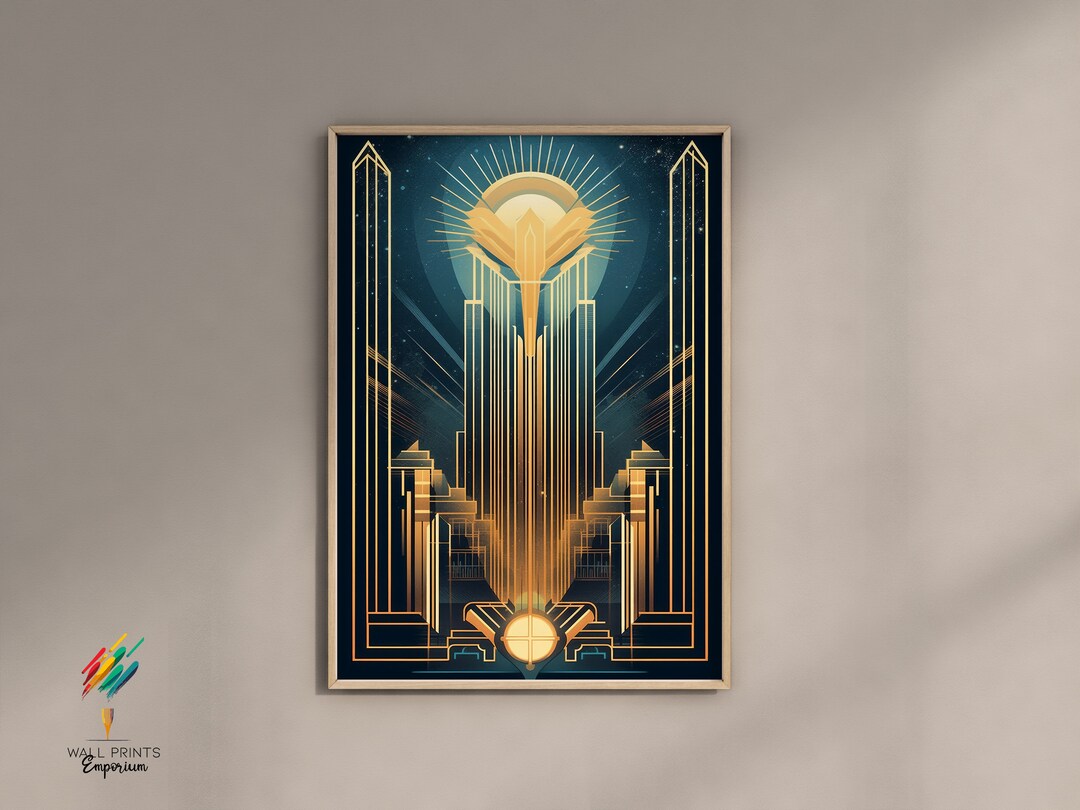 Stylish 1920s Art Deco Poster, Navy Blue Gold Skyline Art Deco Print ...
