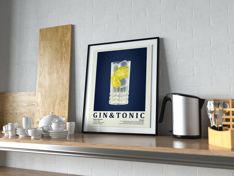 Gin & Tonic Print, Retro Cocktail Printable Wall Art, DIGITAL DOWNLOAD ...