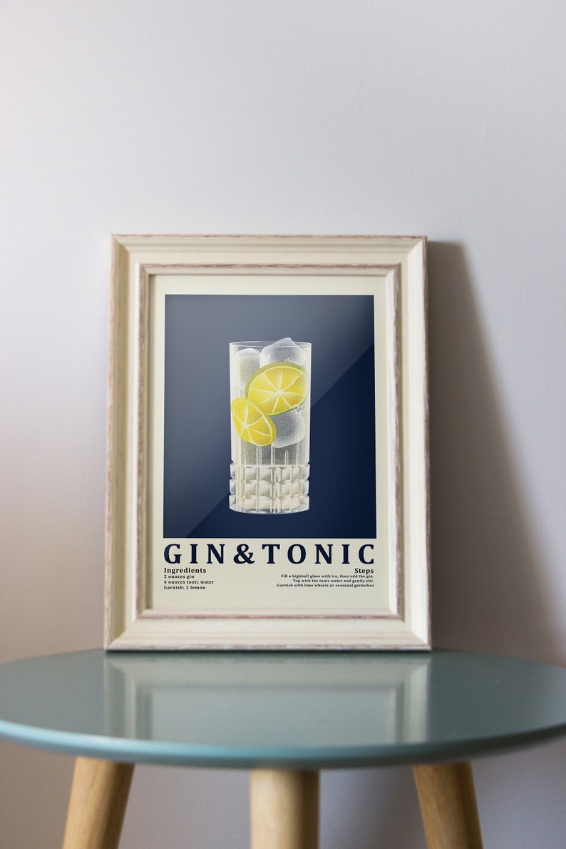 Gin & Tonic Print, Retro Cocktail Printable Wall Art, DIGITAL DOWNLOAD ...