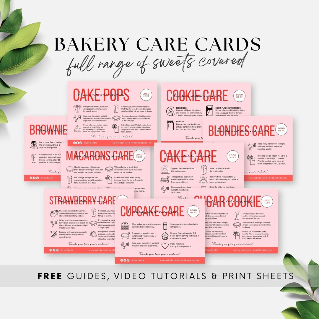 Bakery Care Cards, Cake Care Instructions Card, Home Bakery Templates ...