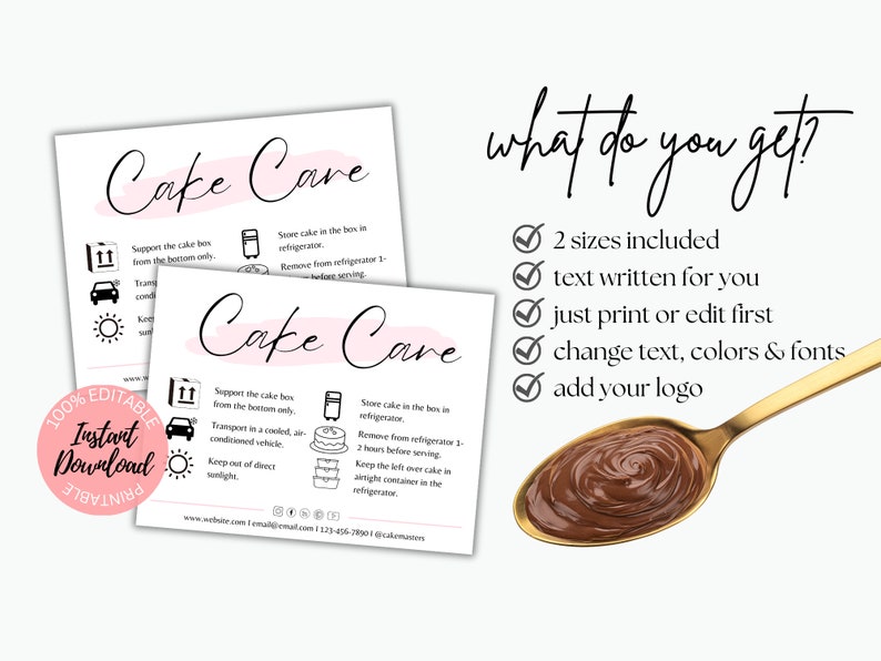 Cake Care Card Template Cake Transport Instructions Bakery - Etsy