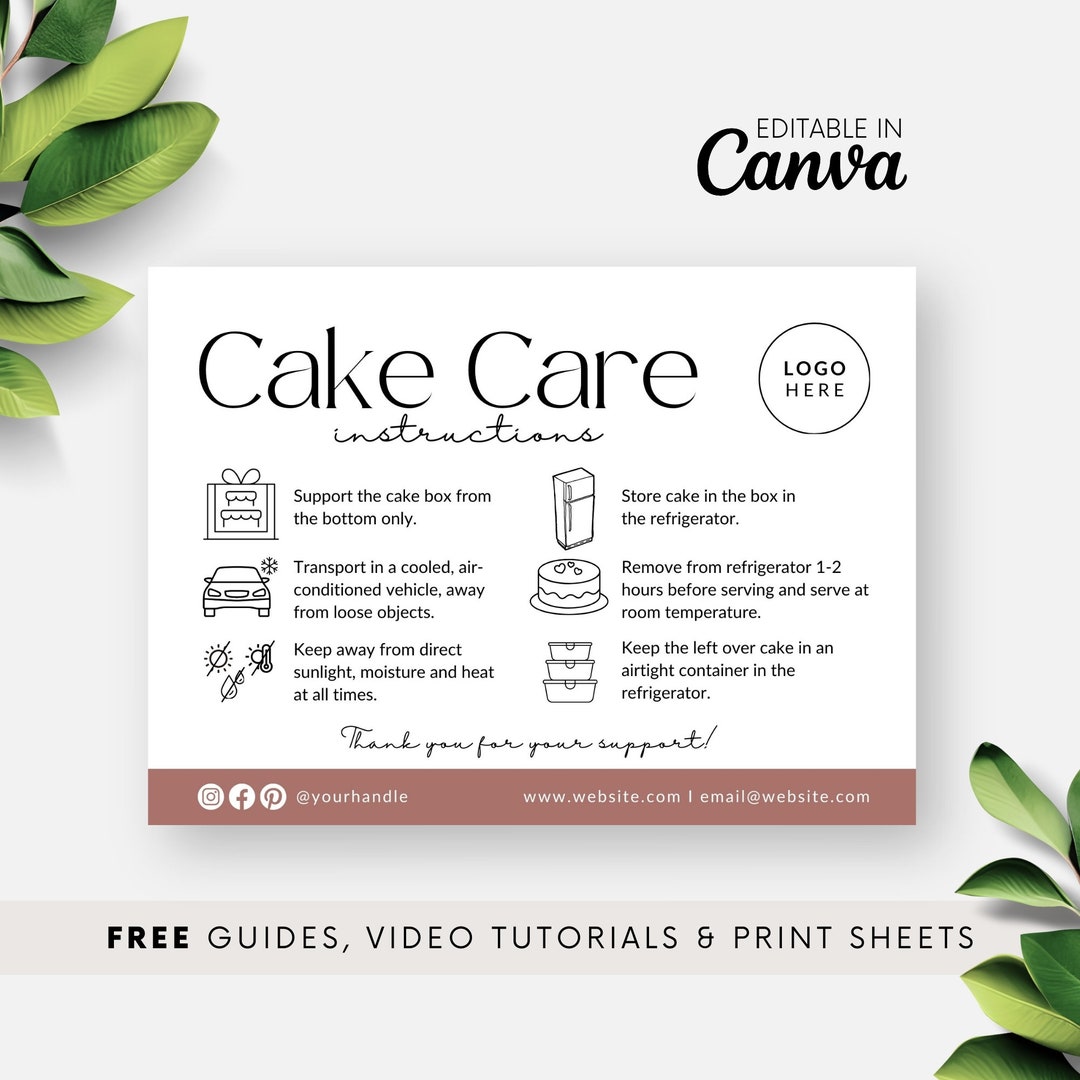 Modern Cake Care Label, Cake Care Instruction Card Printable, Cake Care ...