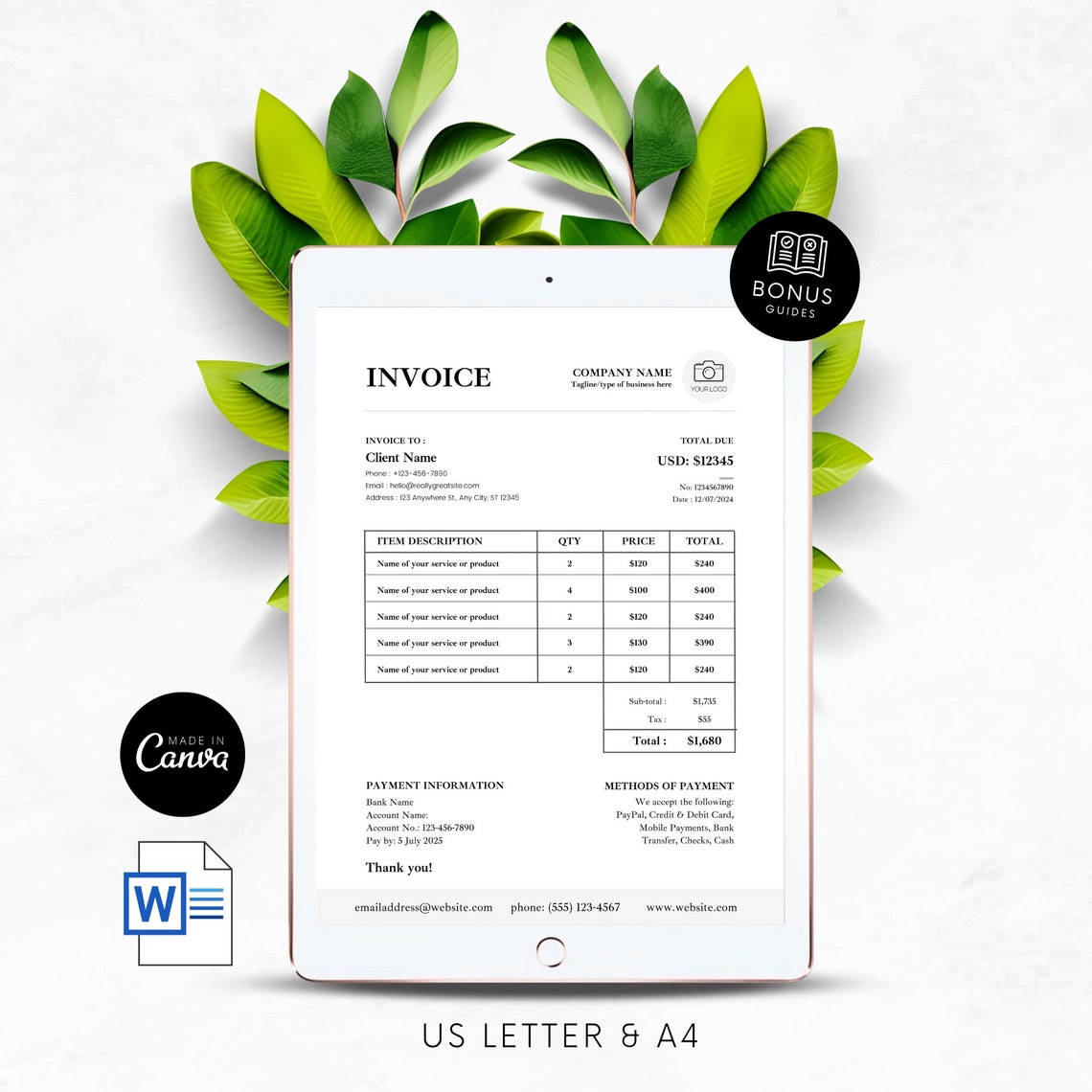 Bakery Invoice Template Canva Billing Form Sales Bill Boho Small ...