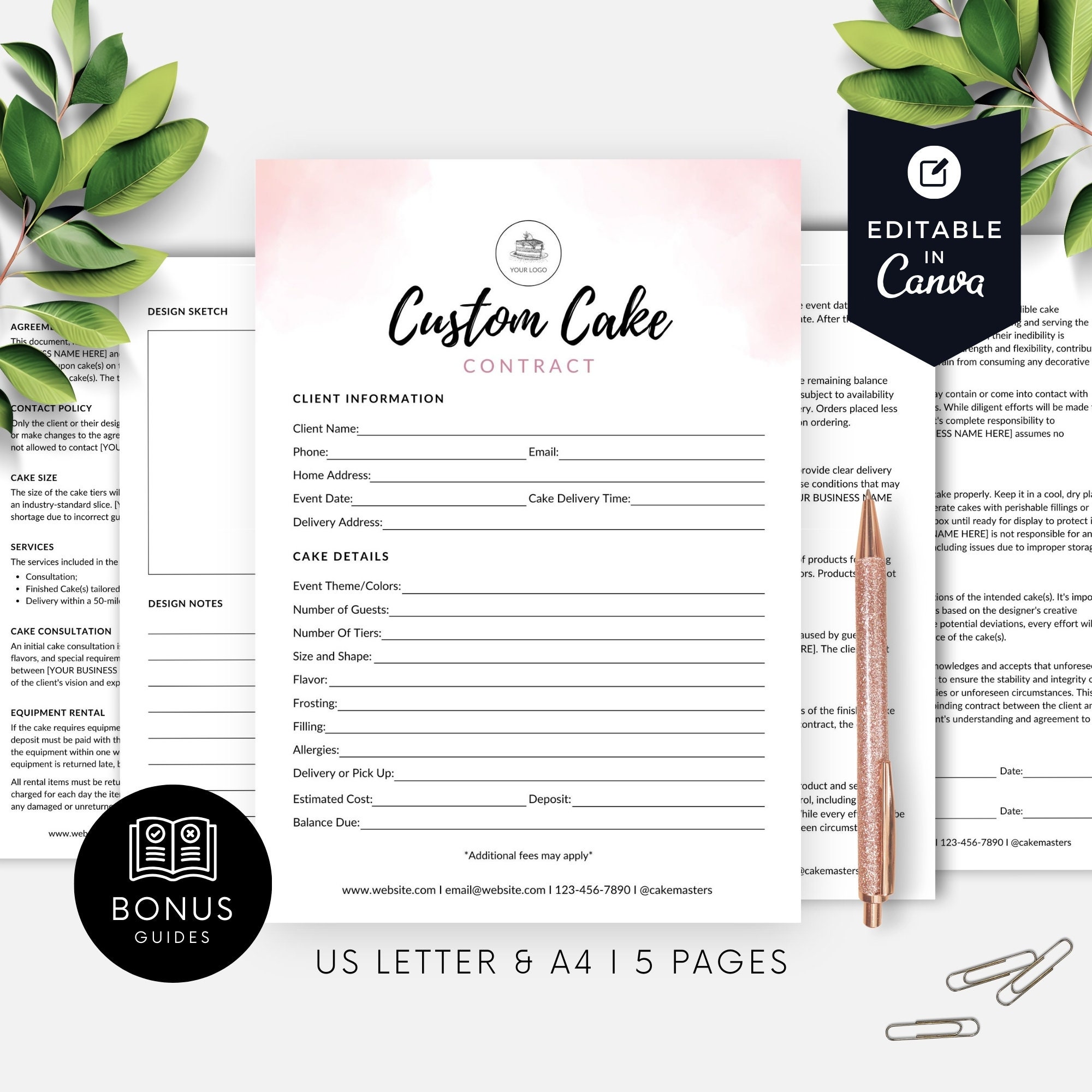 Pink Cake Order Contract Template Canva, Editable Custom Cake Agreement ...