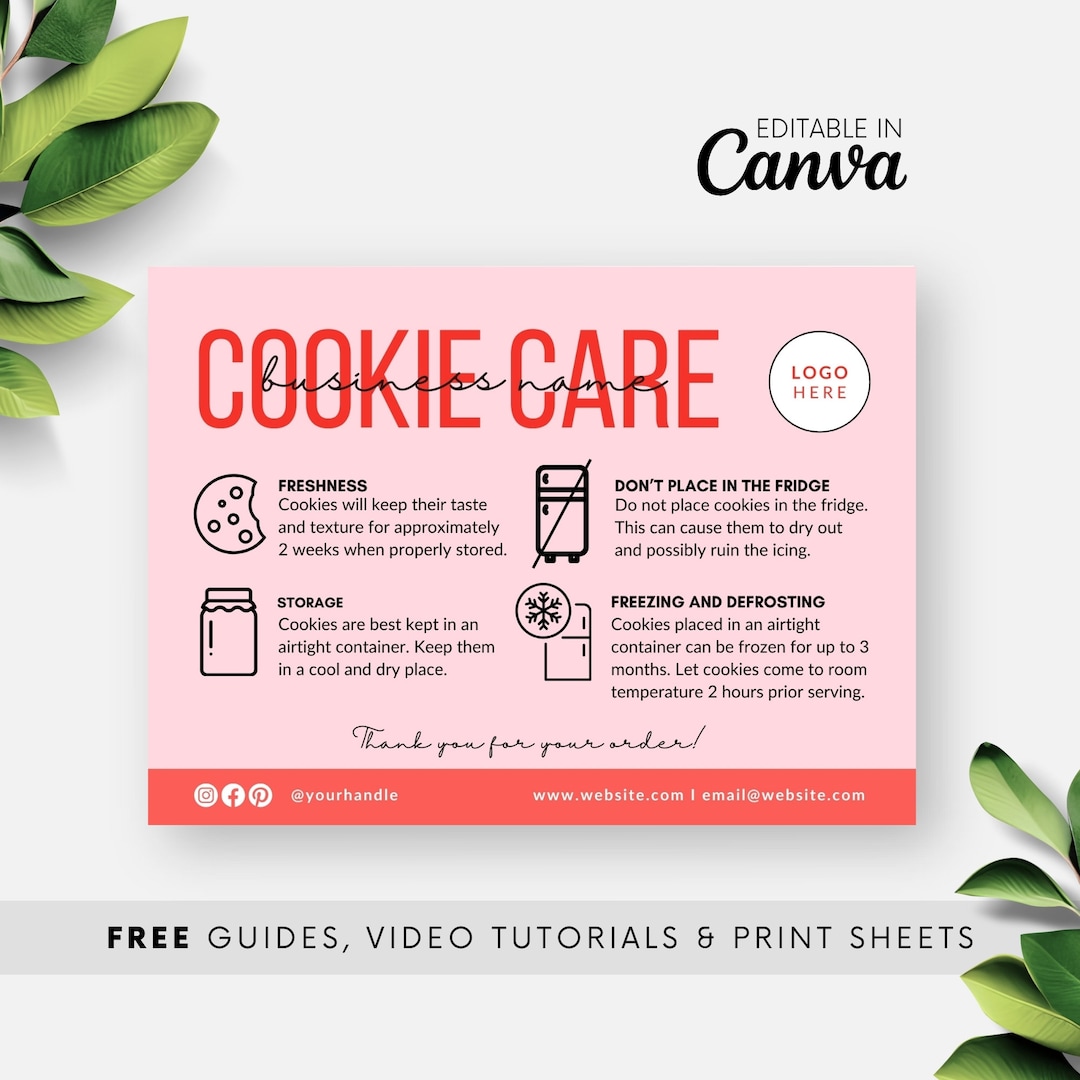 Cookie Care Template, Biscuit Care Guide, Cookie Instruction Card ...