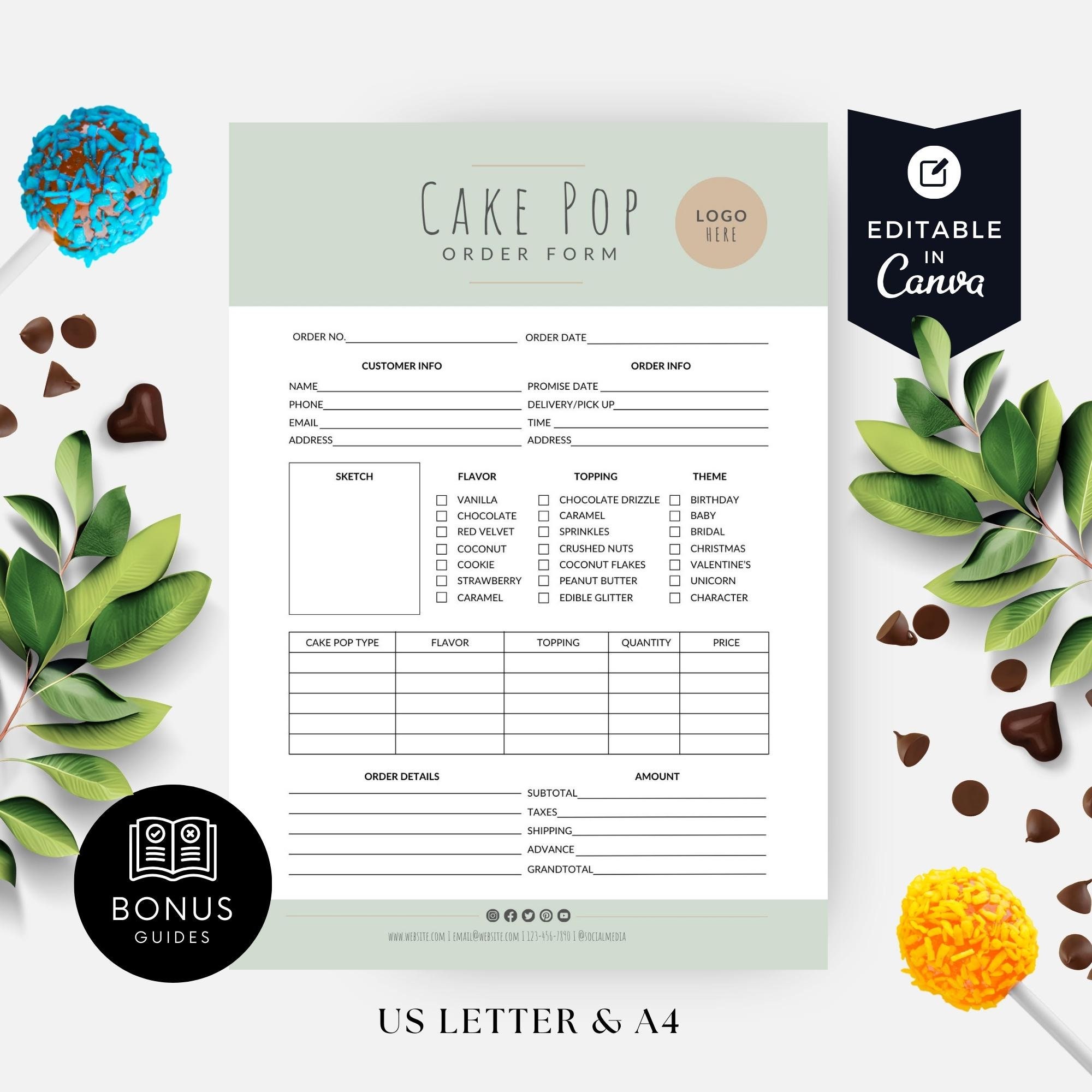 Printable Cakepop Order Form, Cake Pop Templates for Canva, Cakesicles ...
