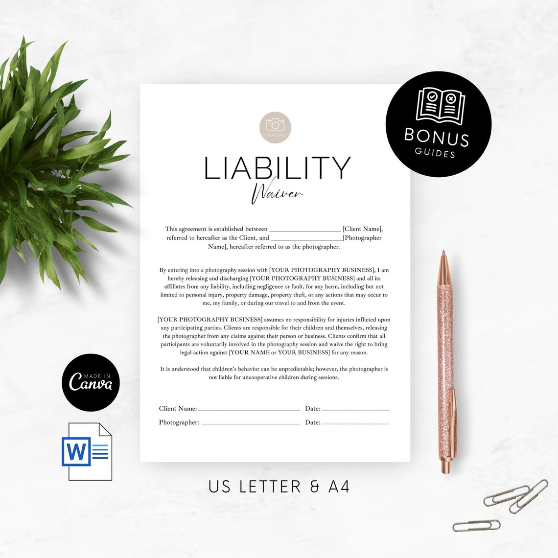 Legal Liability Waiver Template for Photographers Waiver and Release ...
