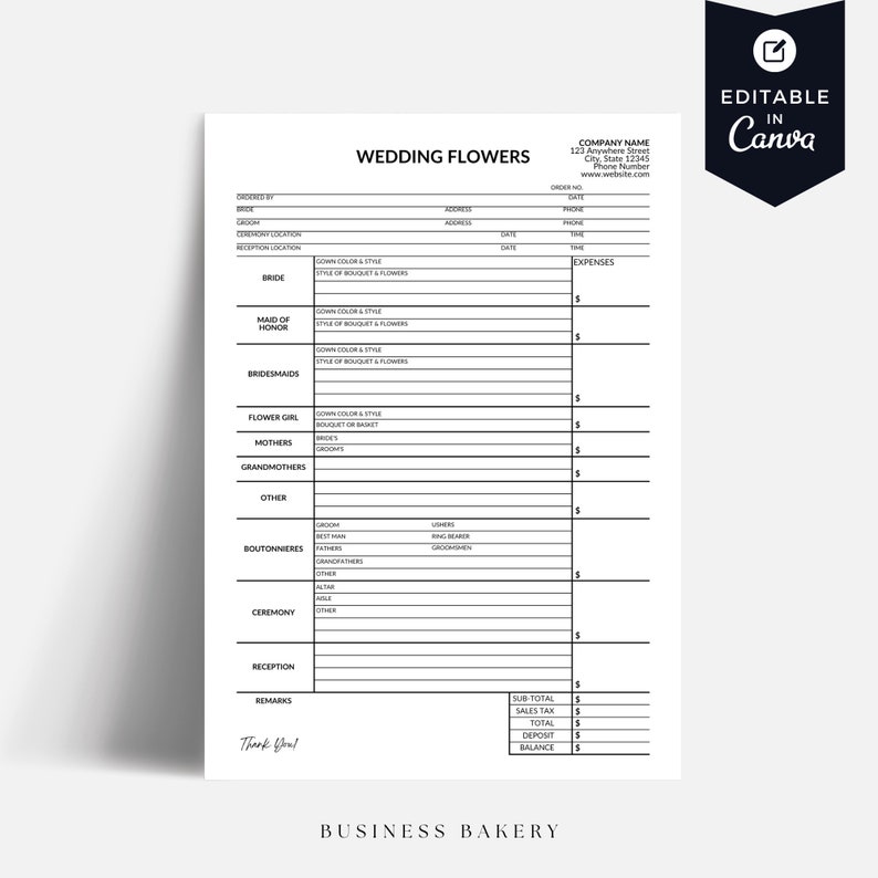 Wedding Flowers Order Sheet & Invoice for Wedding Planner, Digital ...
