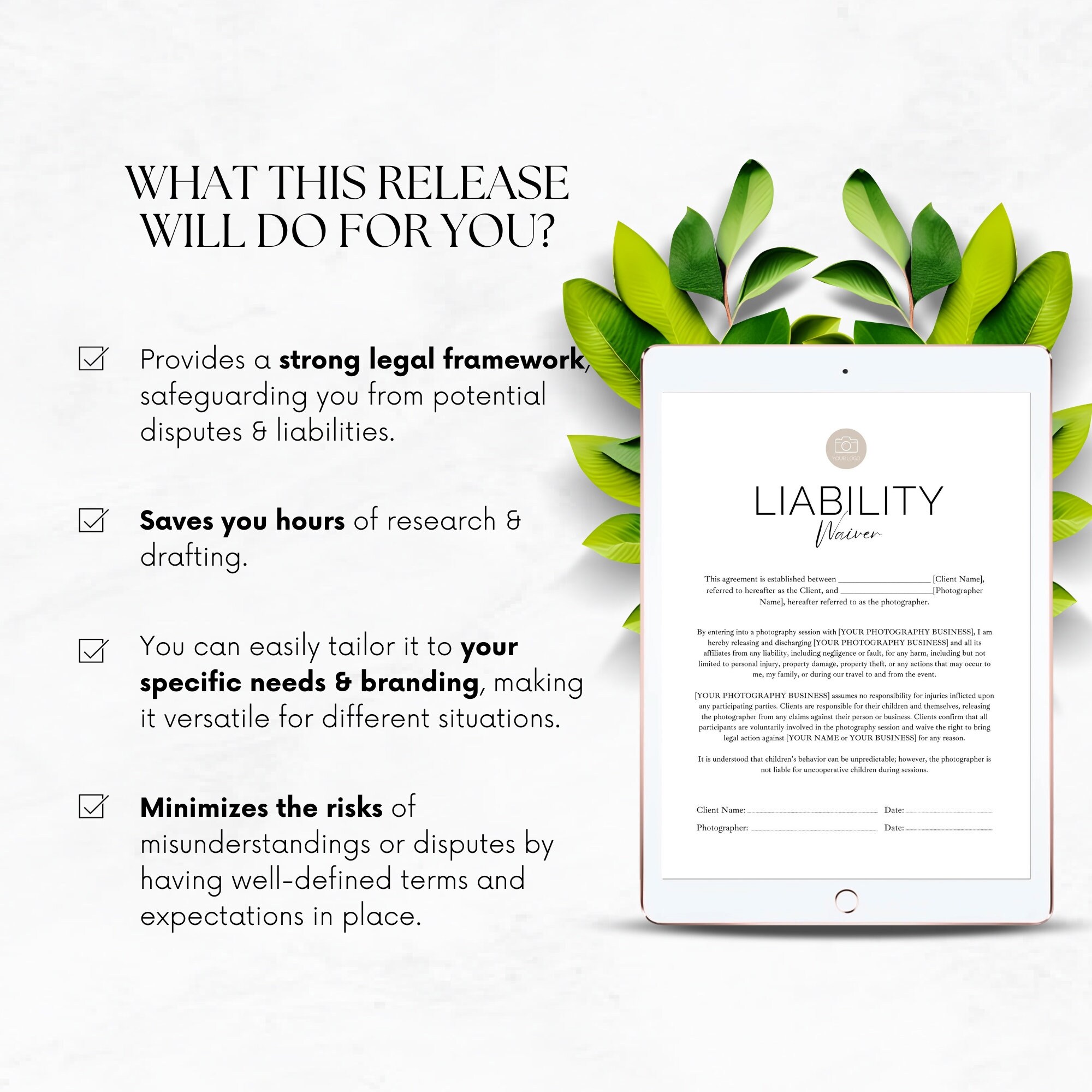 Legal Liability Waiver Template for Photographers Waiver and Release ...