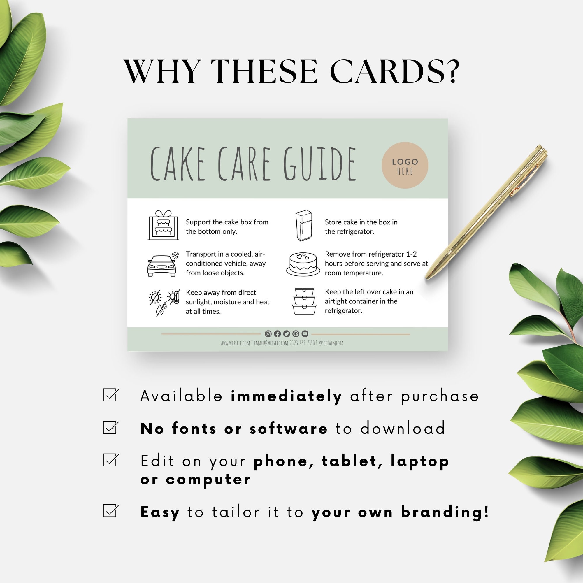 Sage Cake Care and Cutting Guide Card, Printable Serving Instructions ...
